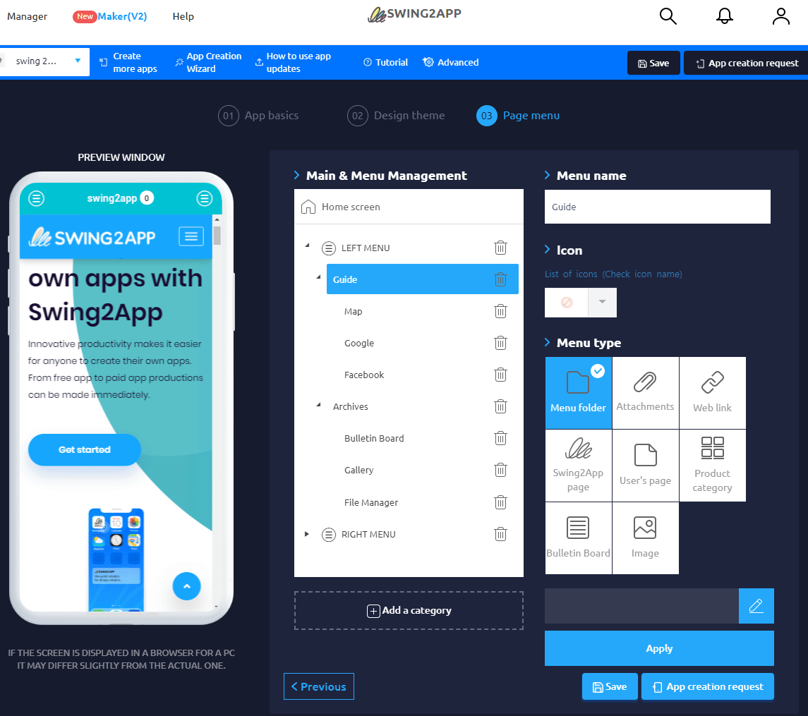 Page Menu – Main Menu Management – Support