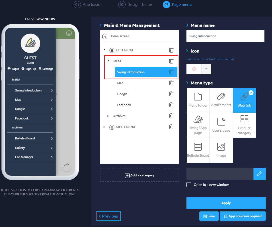 Guide to create an app – Support