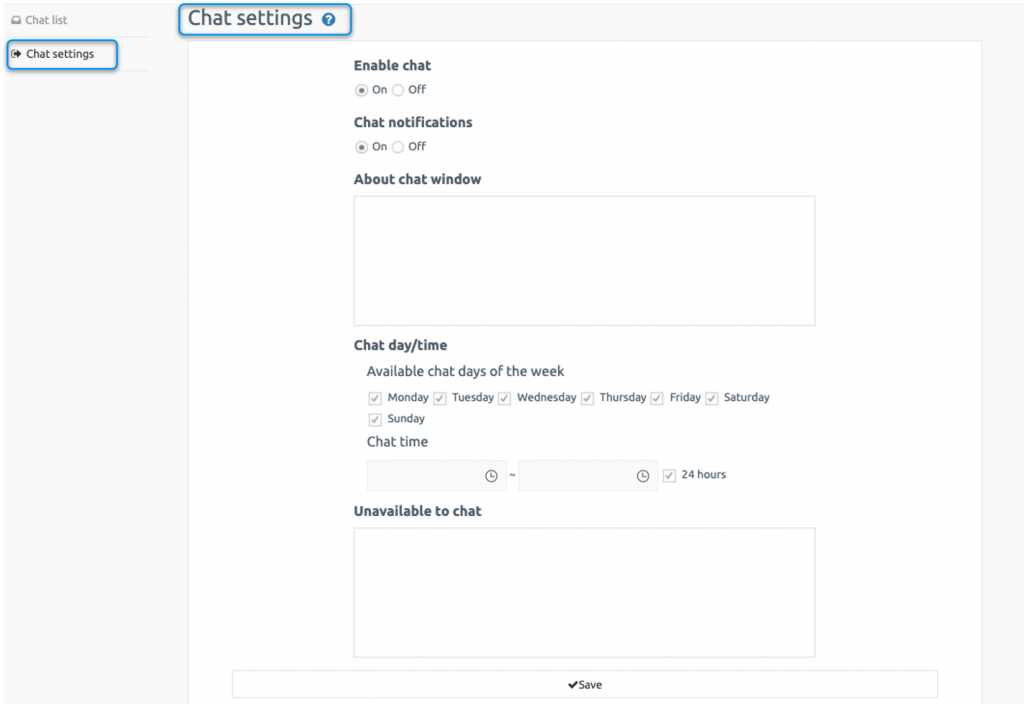 Chat Administrator page – Chat settings – Support