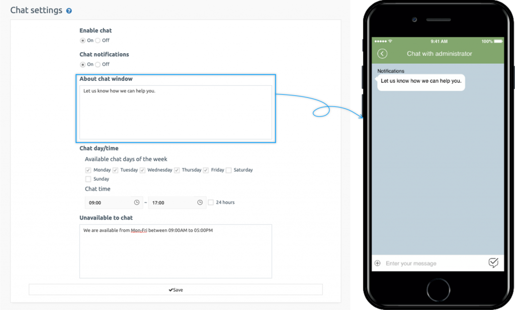 Chat Administrator page – Chat settings – Support