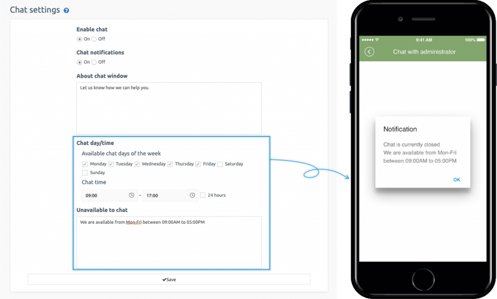 Chat Administrator page – Chat settings – Support