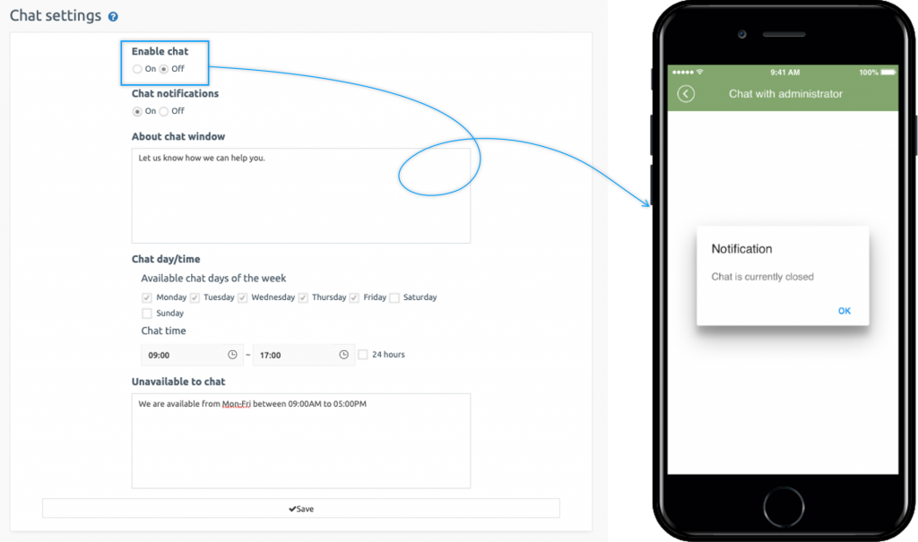 Chat Administrator page – Chat settings – Support