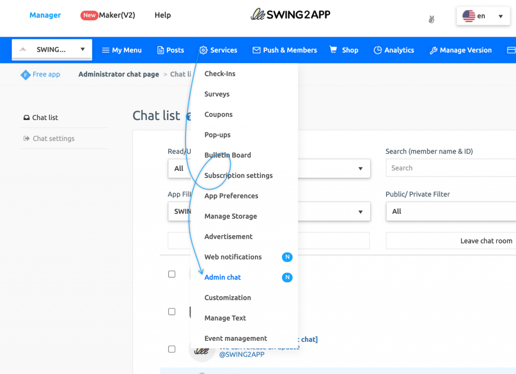 Chat Administrator page – Chat settings – Support