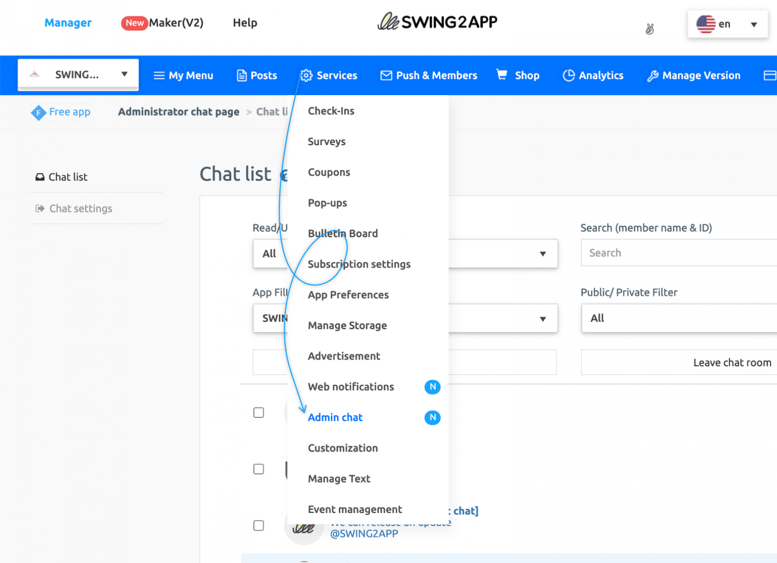 Chat Administrator page – Chat settings – Support