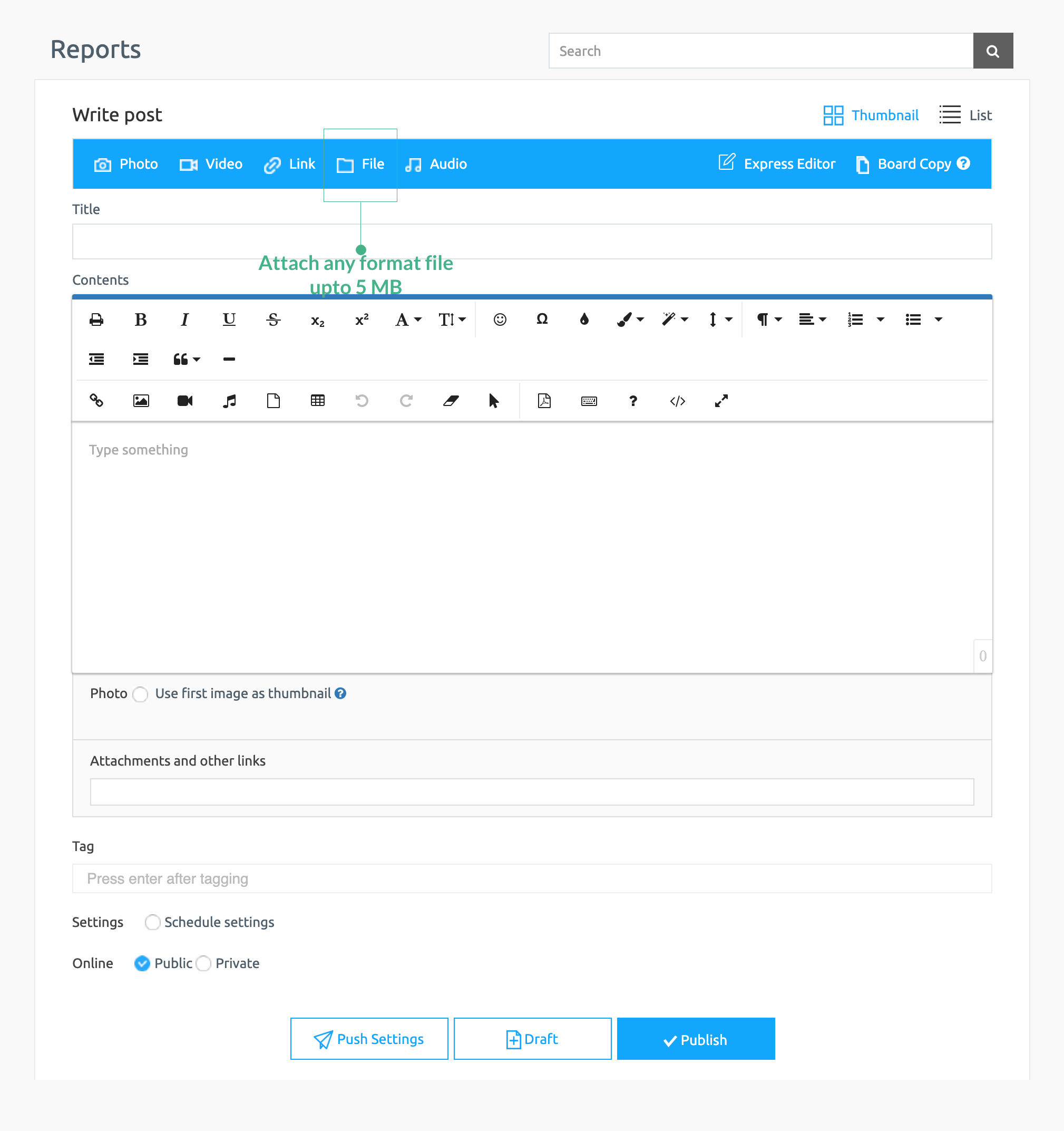 File attachment in editor to upload reports, e-paper, e-magazines ...