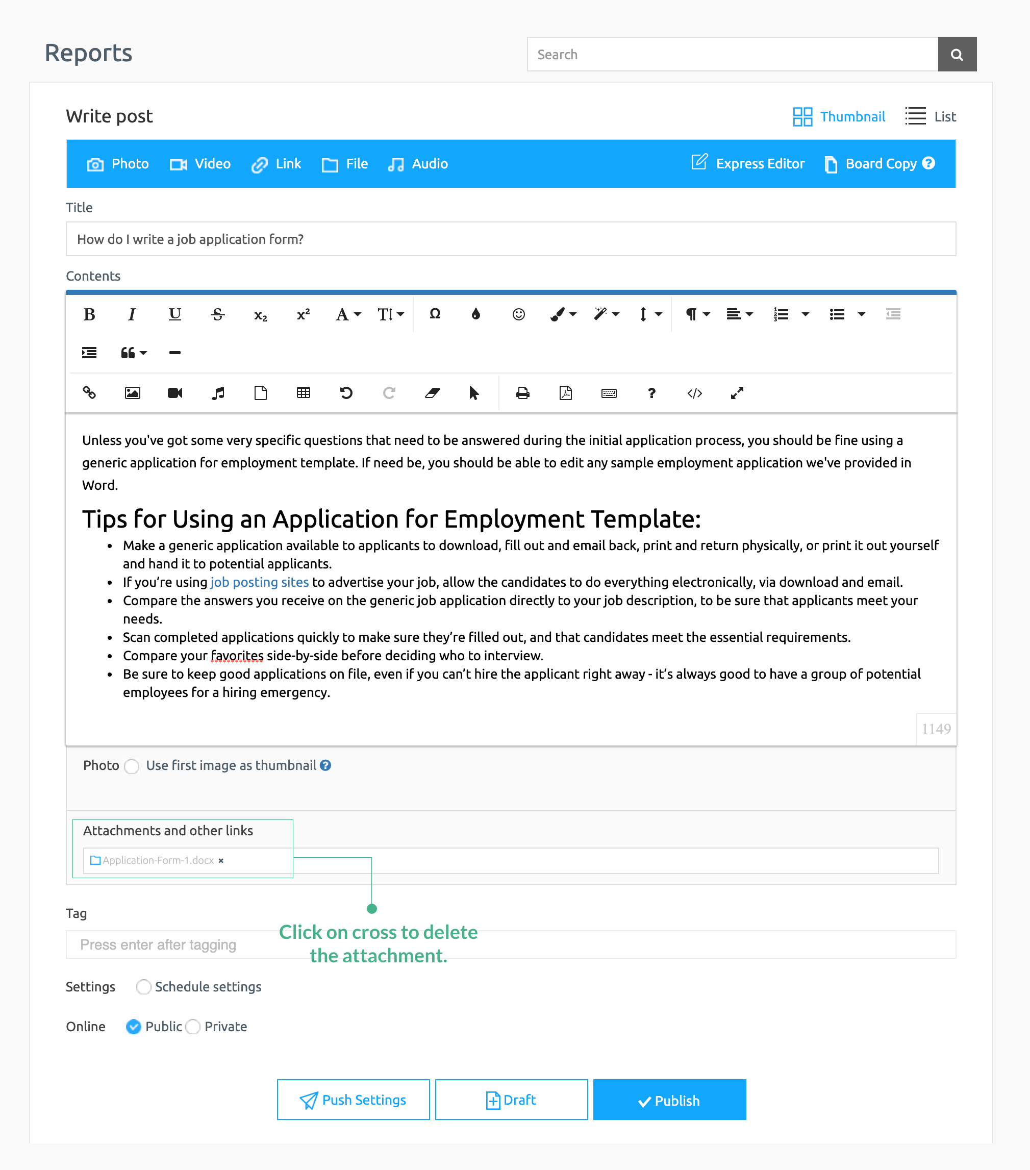 File attachment in editor to upload reports, e-paper, e-magazines ...